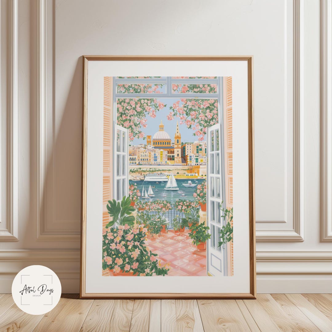 Valletta Malta Poster, Mediterranean City Wall Art, Gouache Harbor ...