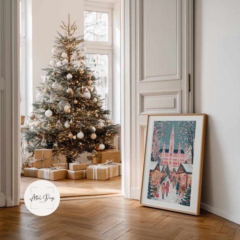 Vienna Christmas Market Poster, Winter Wall Art, Snowy Rathausplatz ...
