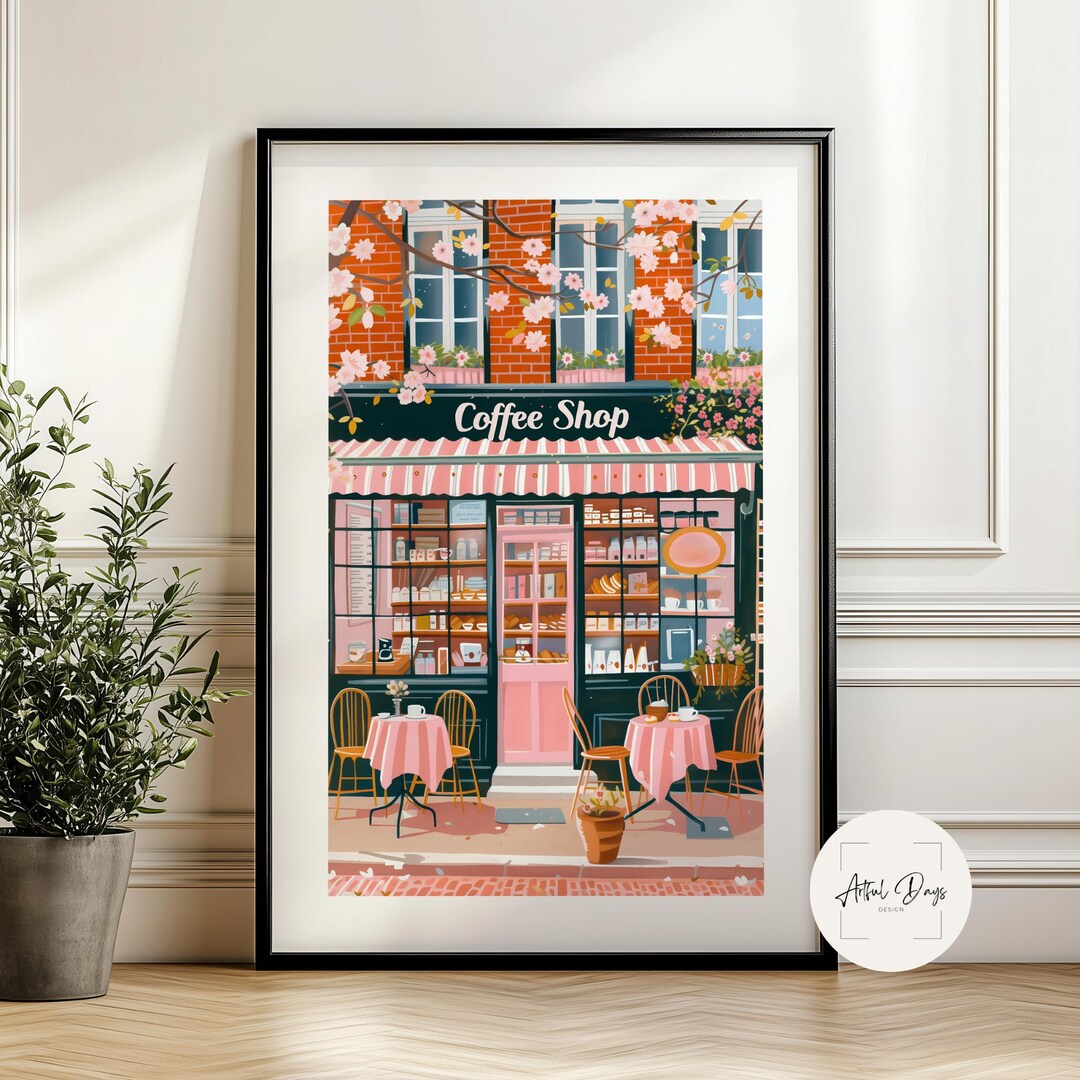 Spring Coffee Shop Wall Art Print, Cozy Café Illustration, Pink Blossom ...