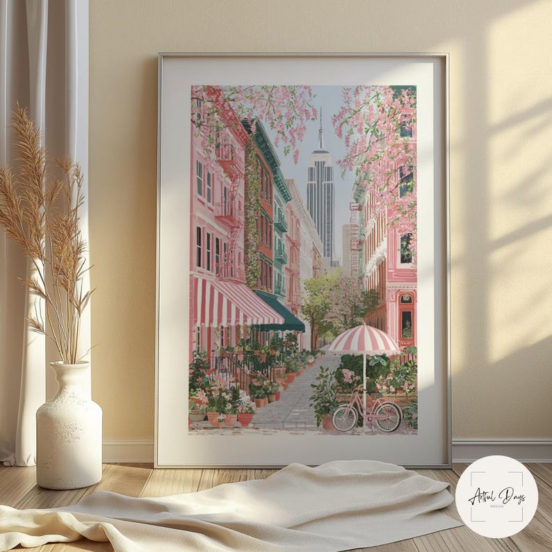 New York West Village Spring Poster , NYC Floral Street Art Print ...