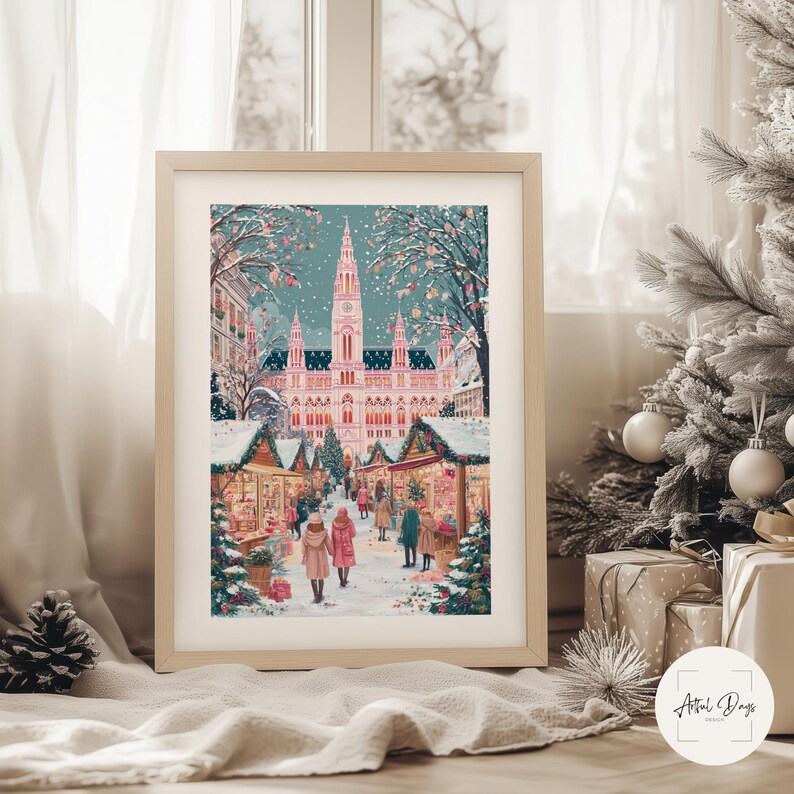 Vienna Christmas Market Poster, Winter Wall Art, Snowy Rathausplatz ...