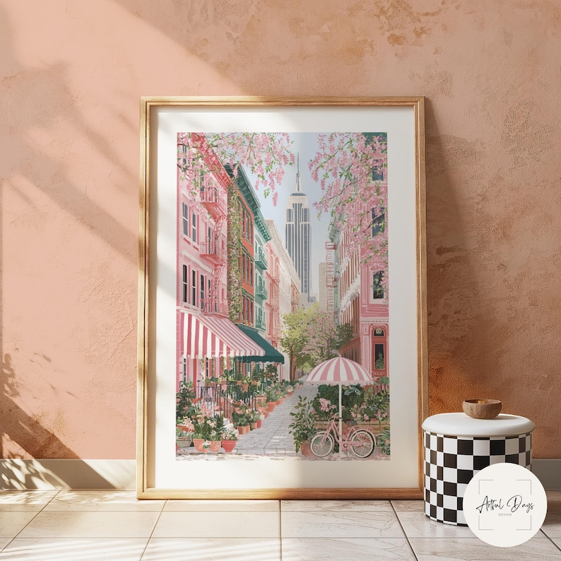 New York West Village Spring Poster , NYC Floral Street Art Print ...