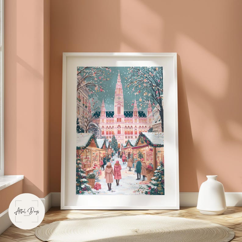 Vienna Christmas Market Poster, Winter Wall Art, Snowy Rathausplatz ...