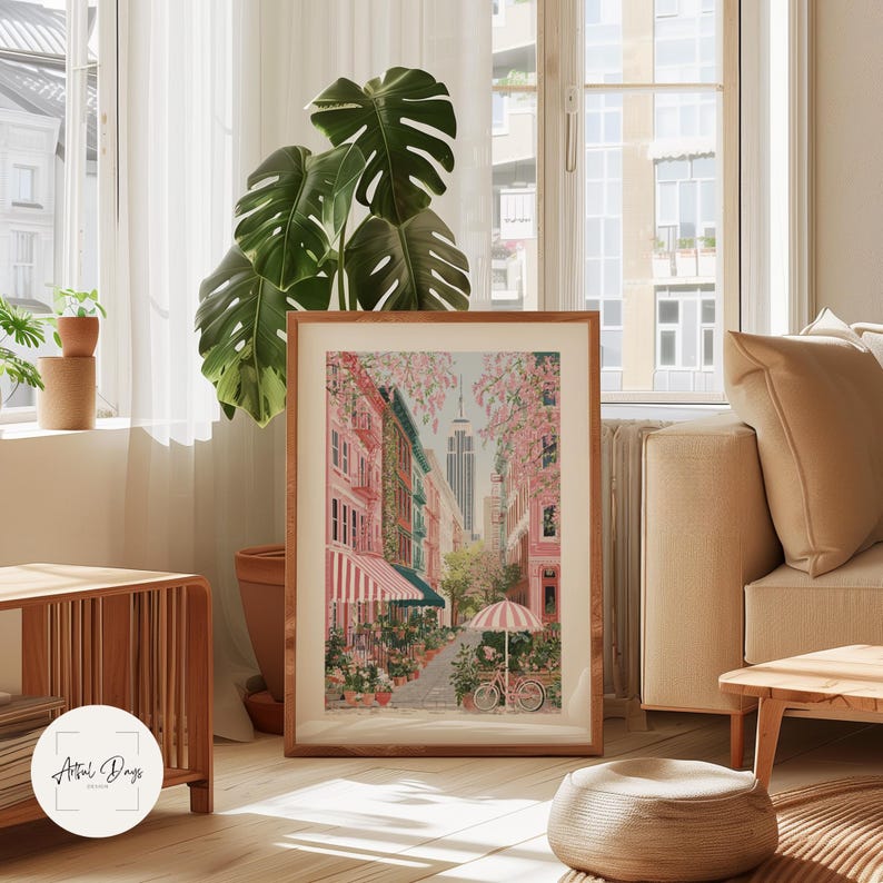 New York West Village Spring Poster , NYC Floral Street Art Print ...