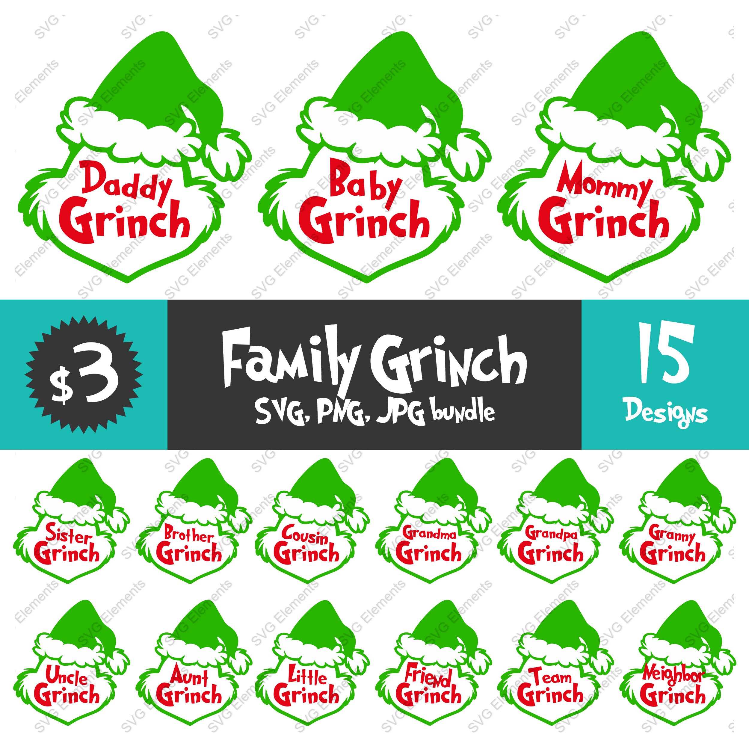 Santa Green Guy Family SVG Bundle Daddy Grouch, Baby Grouch, Mommy ...
