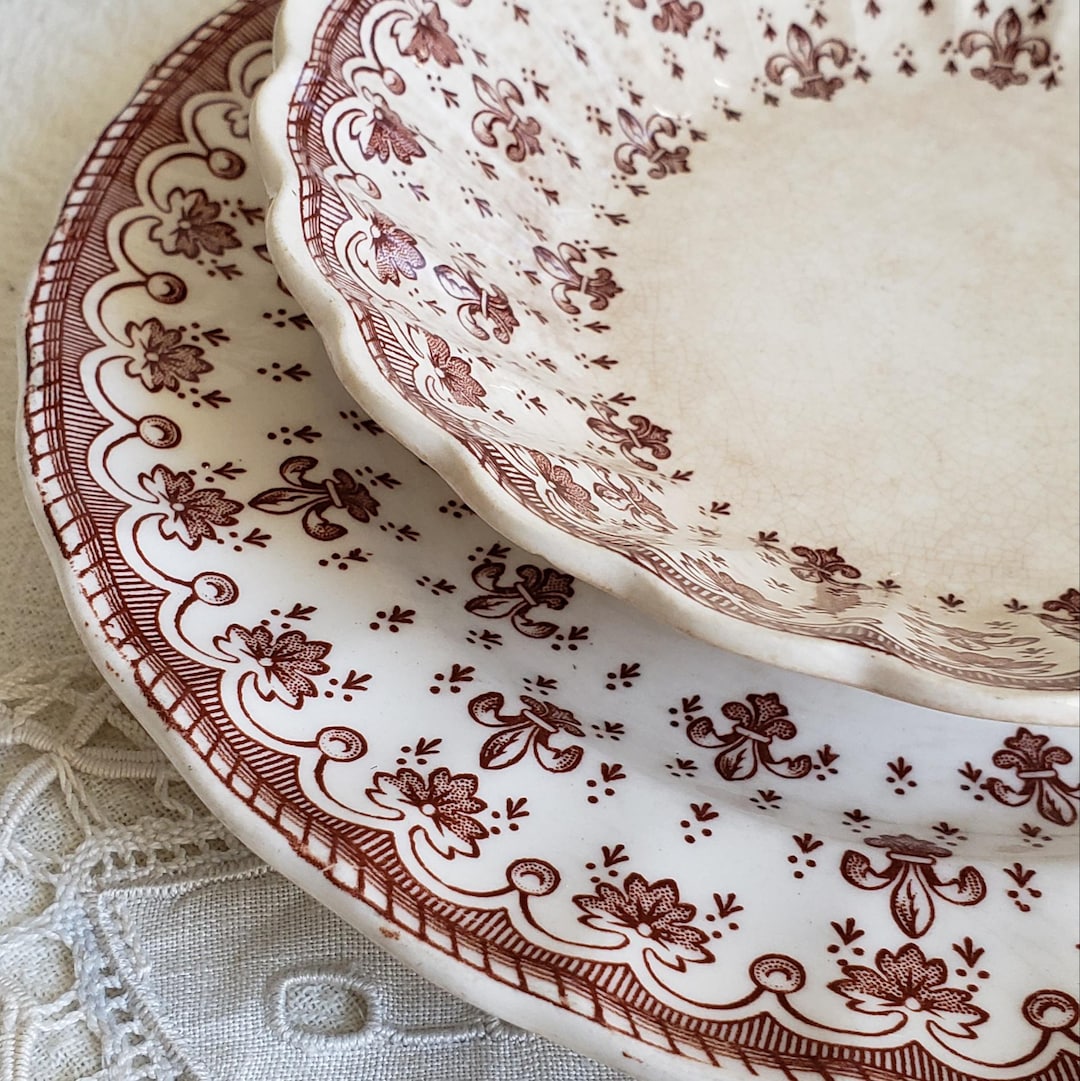 Plate & Bowl Fleur-de-lys Brown Transferware by Spode and Copland Spode ...