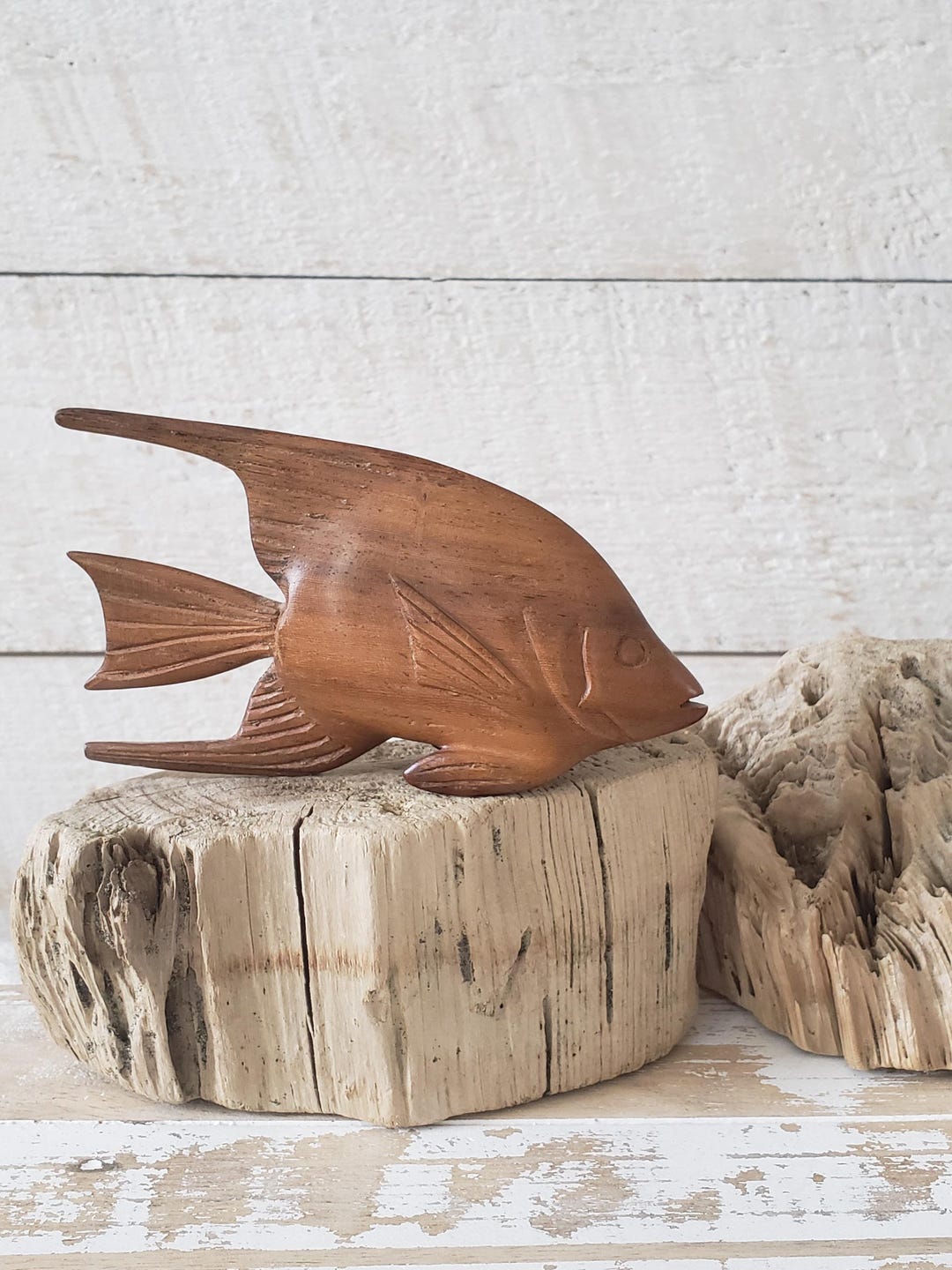 Carved Teak Wood Angelfish , Mid Century Wooden Fish Statuette ...