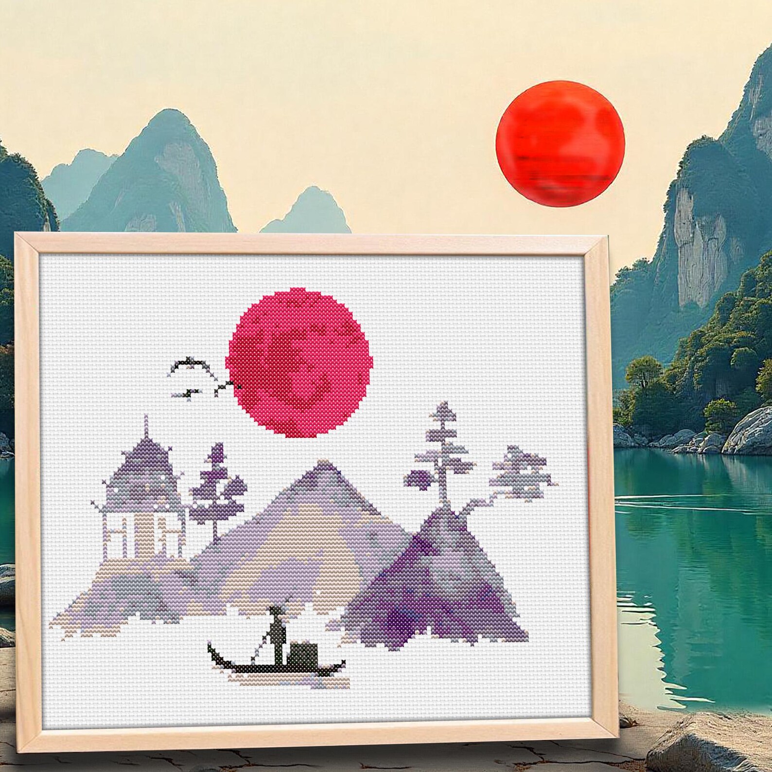 Chinese Landscape Cross Stitch Pattern: Watercolor Embroidery (digital ...
