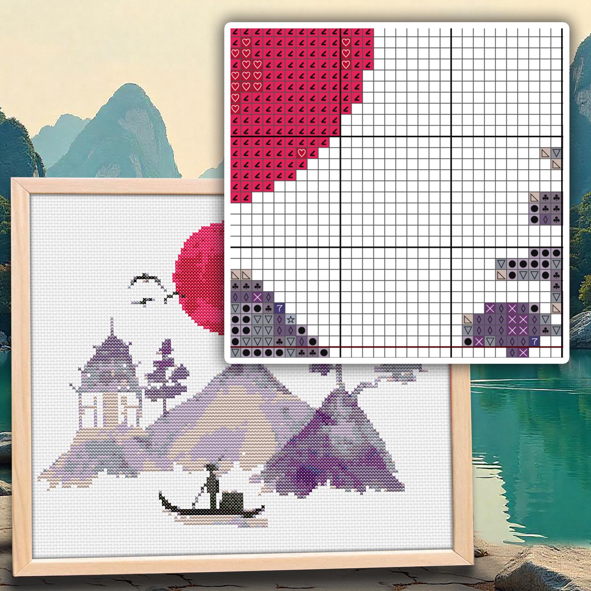 Chinese Landscape Cross Stitch Pattern: Watercolor Embroidery (digital ...