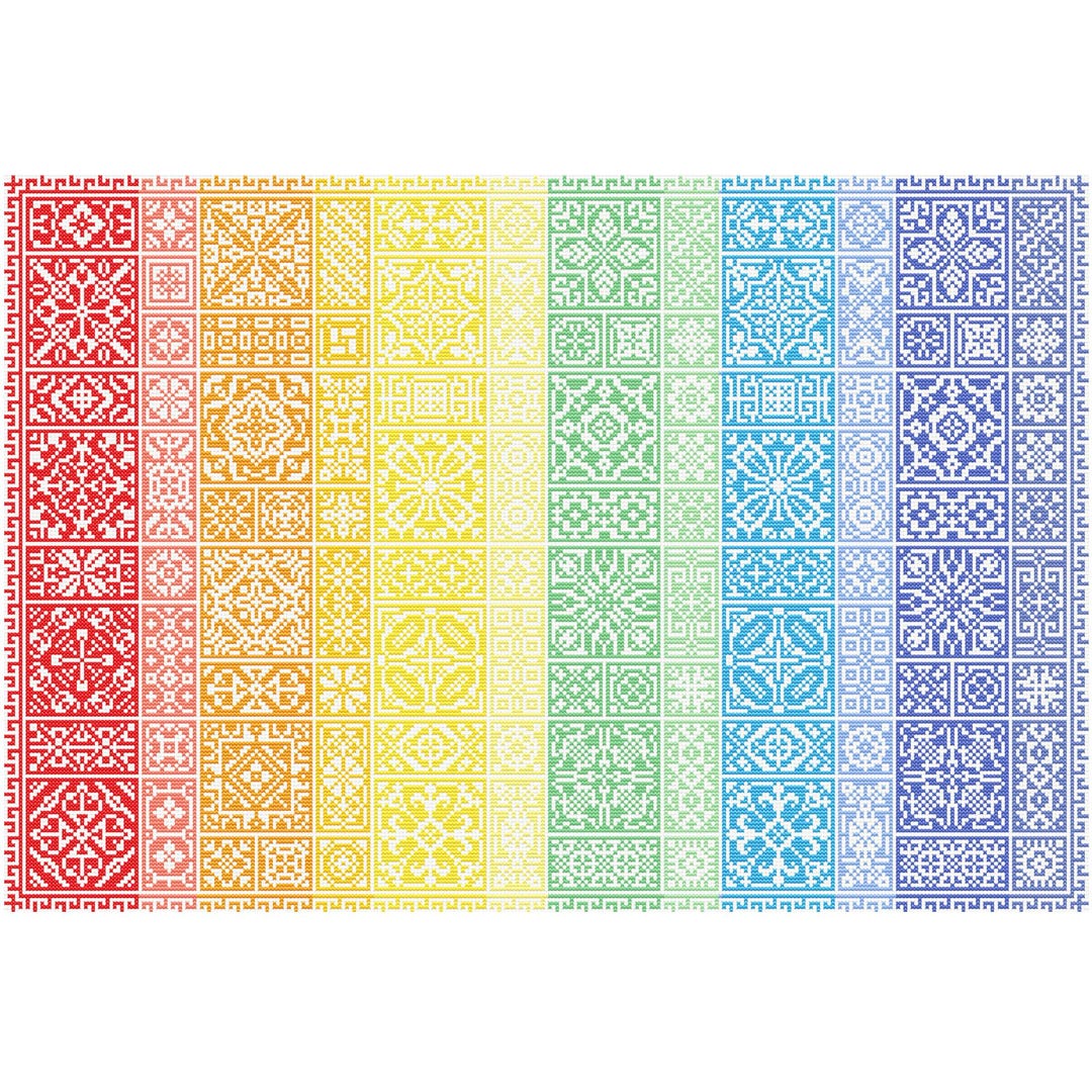 Quaker Sampler Cross Stitch, Banded Rainbow Tiled Patchwork Squares ...