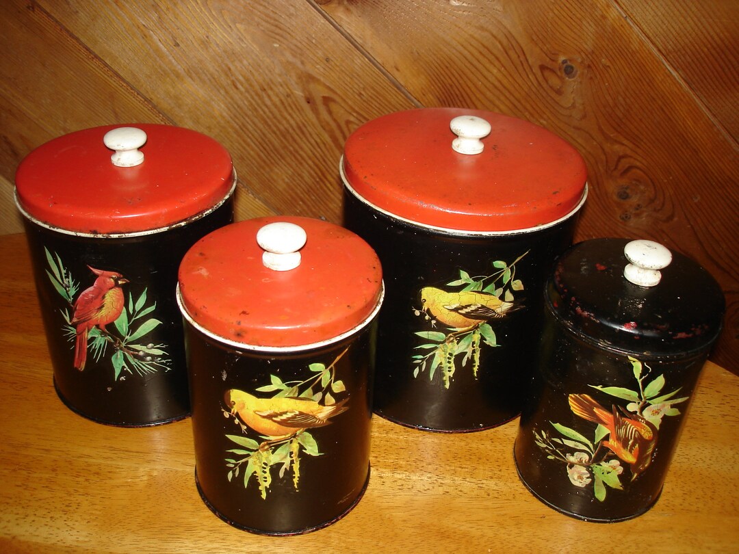 Vintage Canister Set Parmeco Hand Painted With Bird Decals Farm or ...
