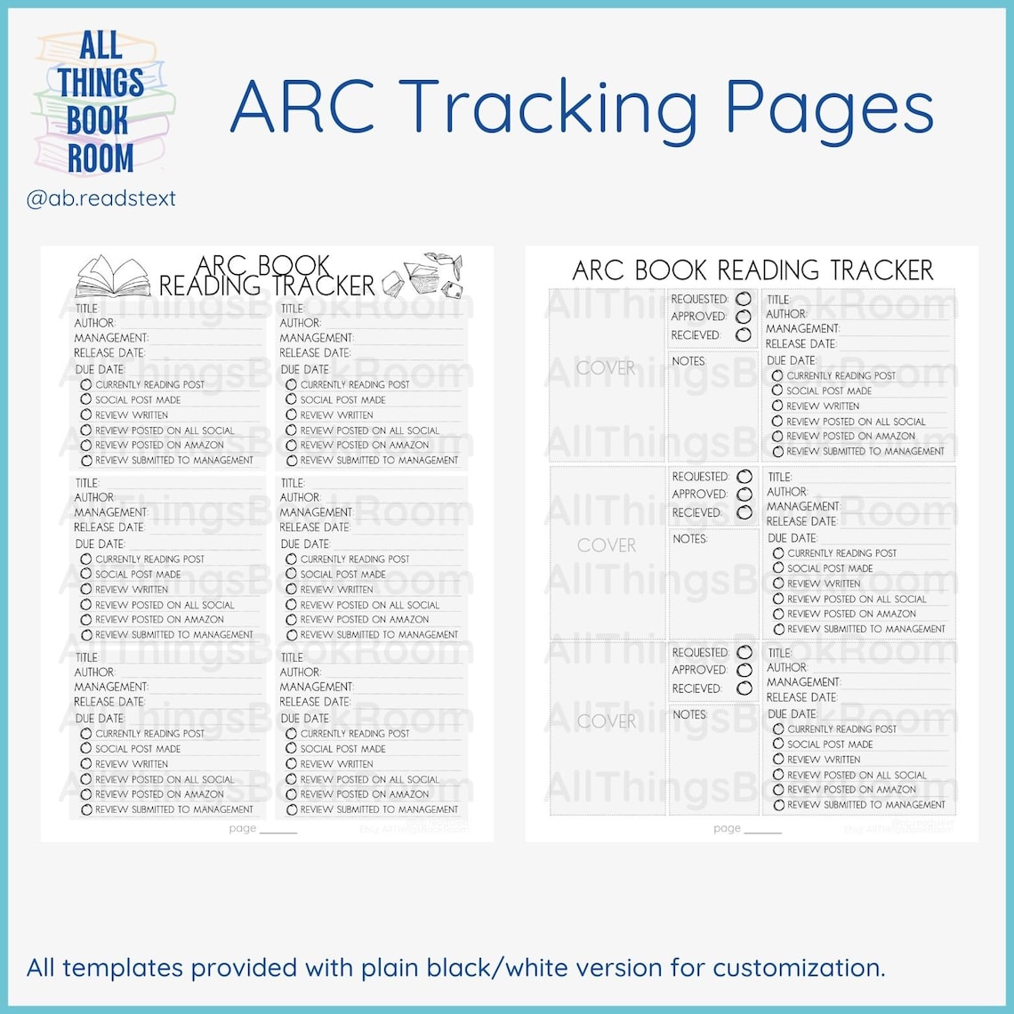 ARC Book Review & Tracking Bundle - Digital and Printable ARC Book ...