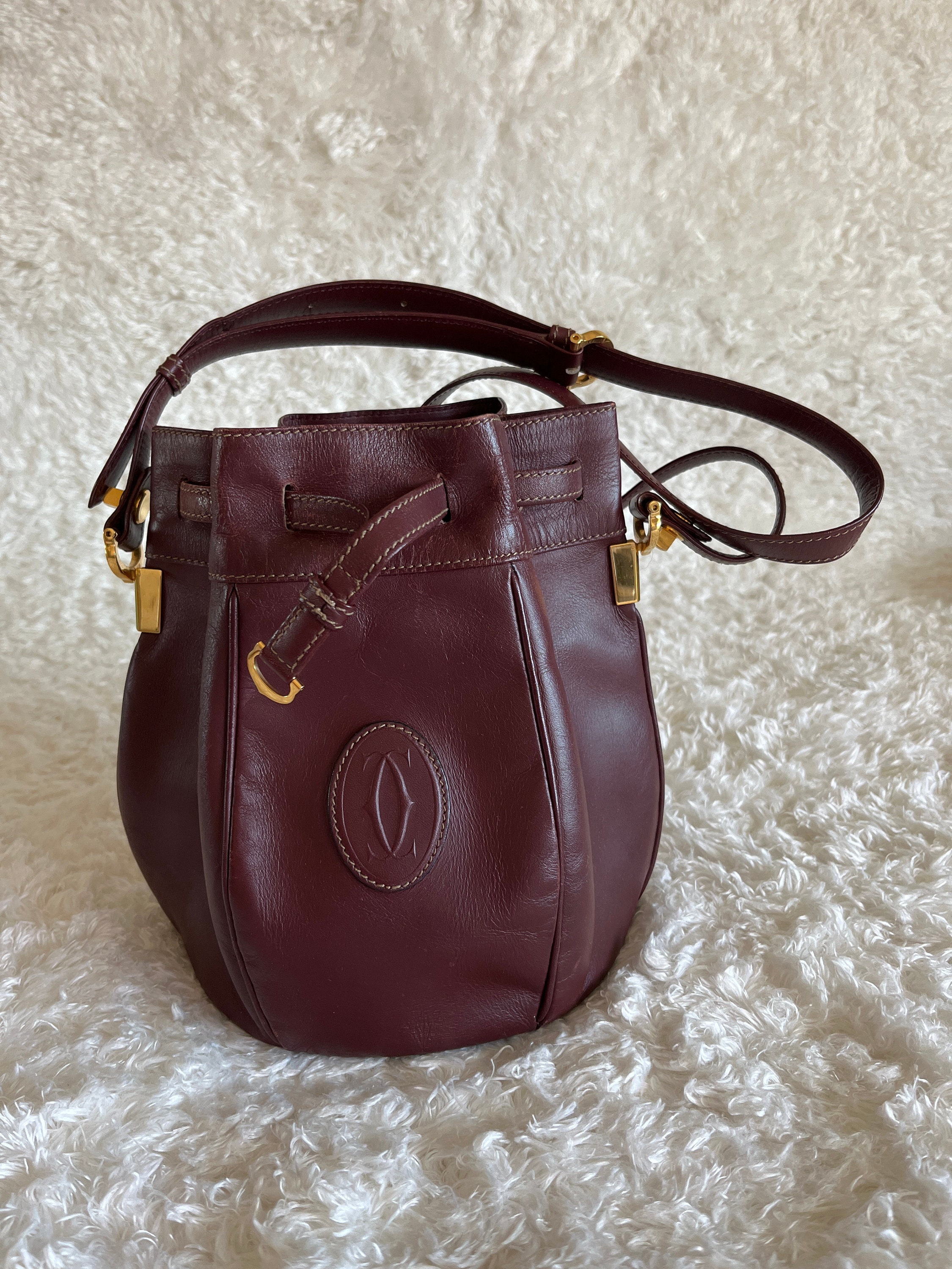 Vintage Cartier Bucket Logo Lining Bordeaux Red Shoulder Crossbody Bag ...