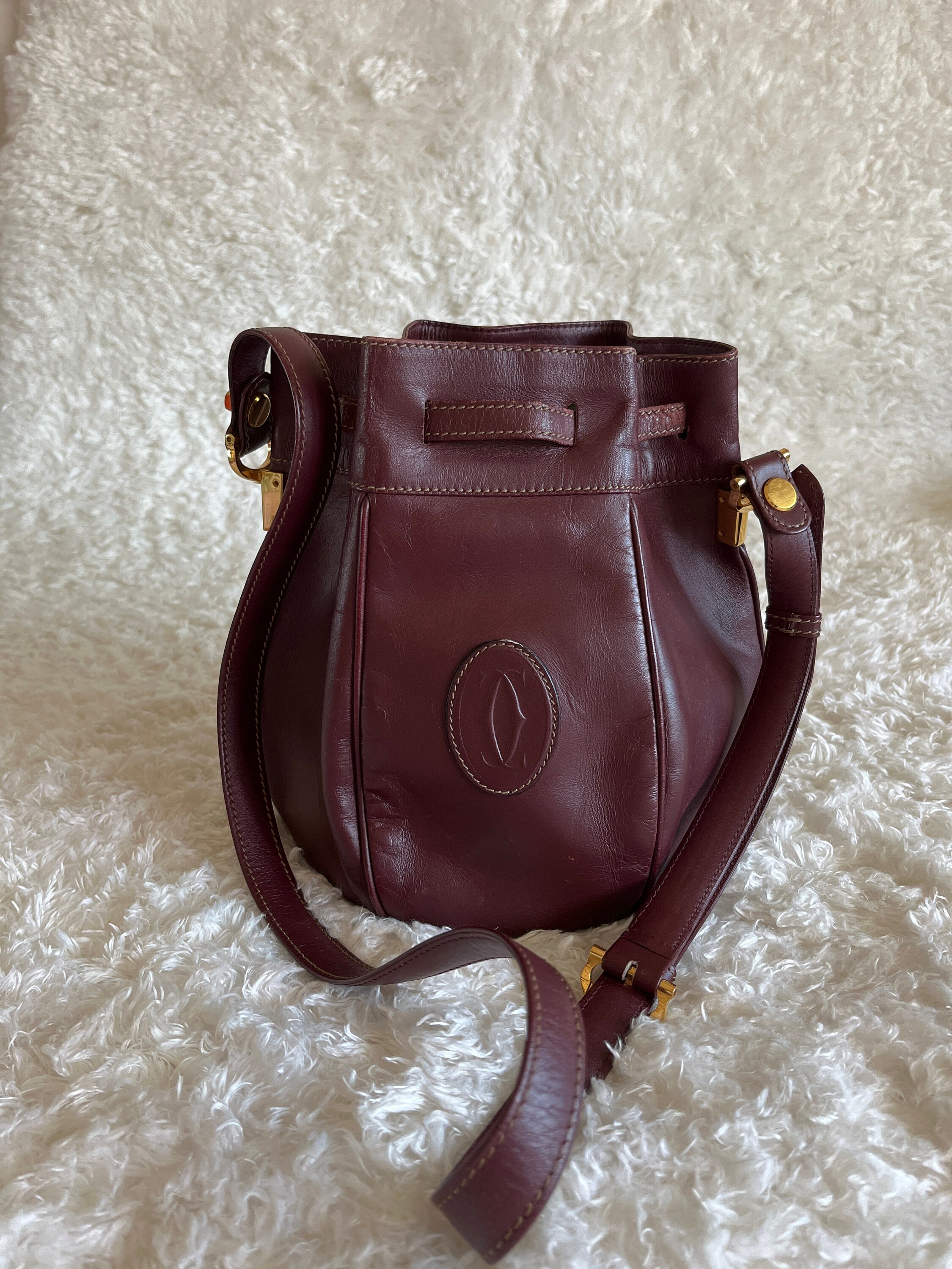 Vintage Cartier Bucket Logo Lining Bordeaux Red Shoulder Crossbody Bag ...