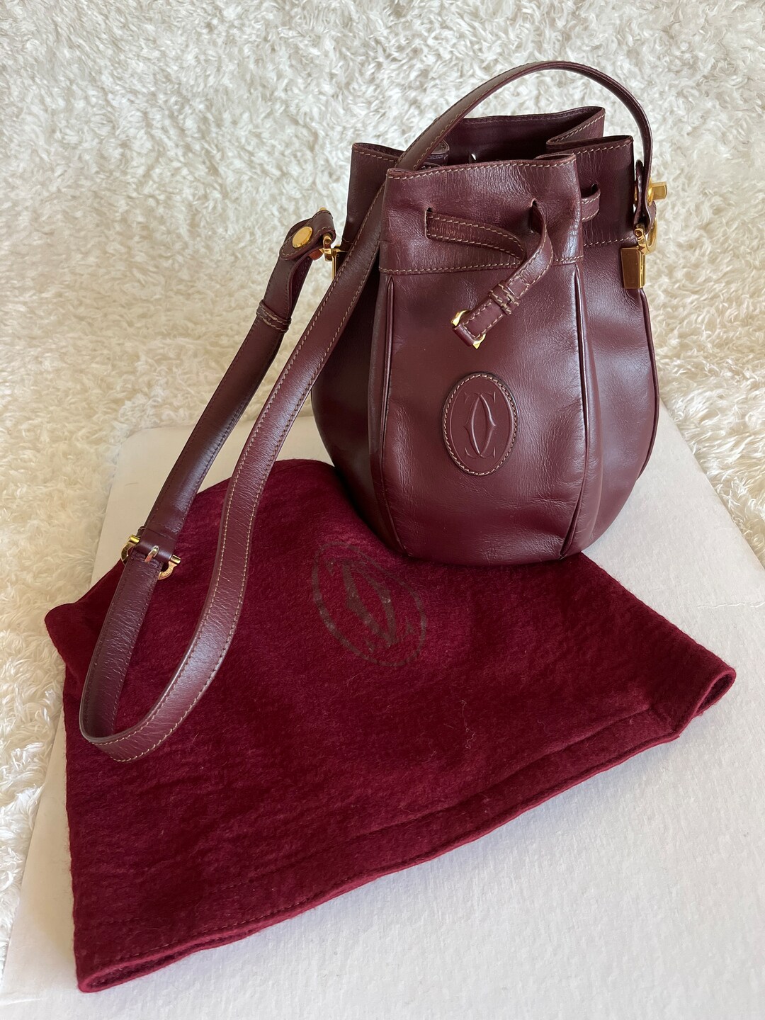 Vintage Cartier Bucket Logo Lining Bordeaux Red Shoulder Crossbody Bag ...