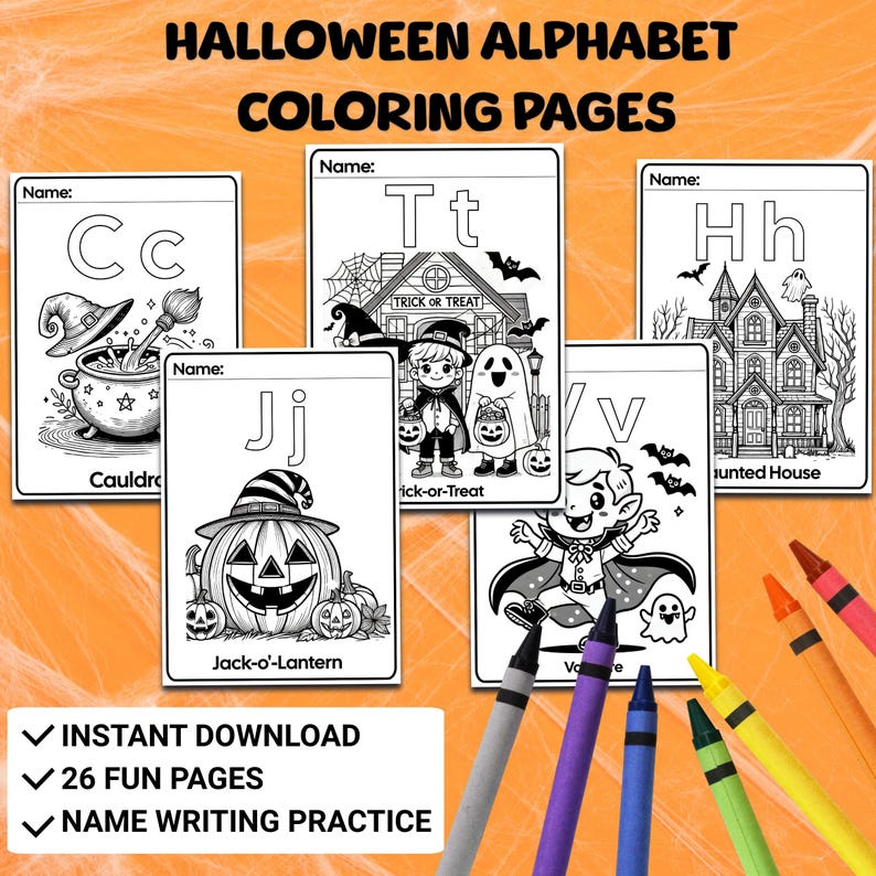 Halloween Alphabet Printable, Alphabet Coloring Pages for Kids, Easy ...