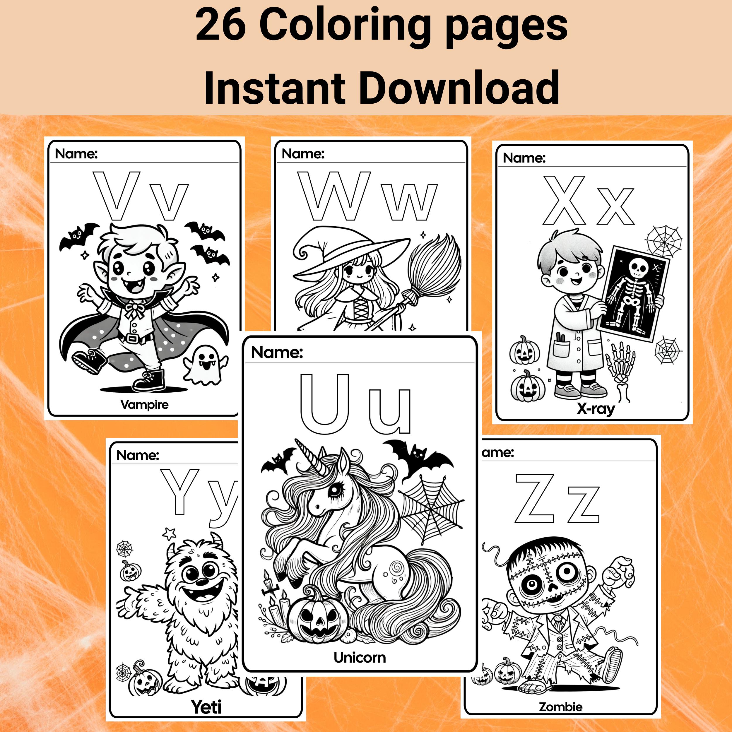 Halloween Alphabet Printable, Alphabet Coloring Pages for Kids, Easy ...