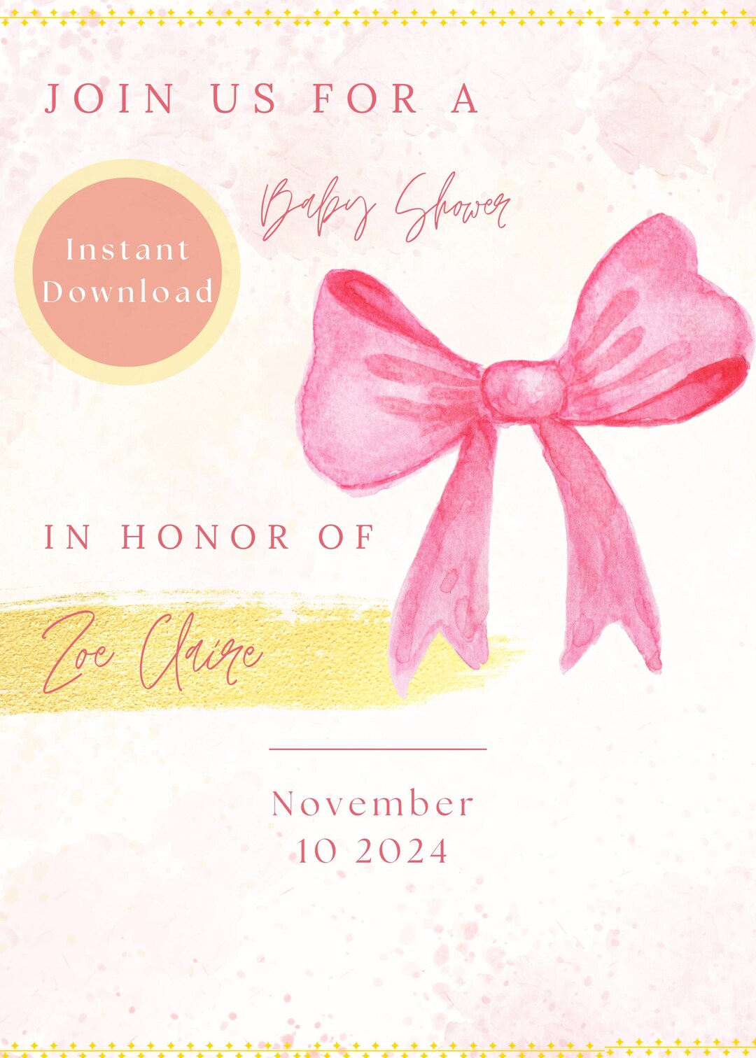 EDITABLE Pink Bow Baby Shower Invitation With Gold Glitter Accents ...