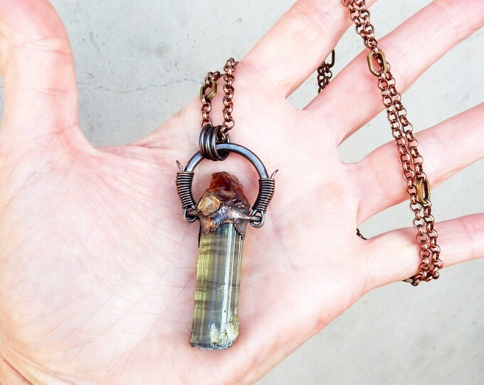 Tribal Amulet With Black Cap Green Tourmaline, Citrine and Chondrodite ...