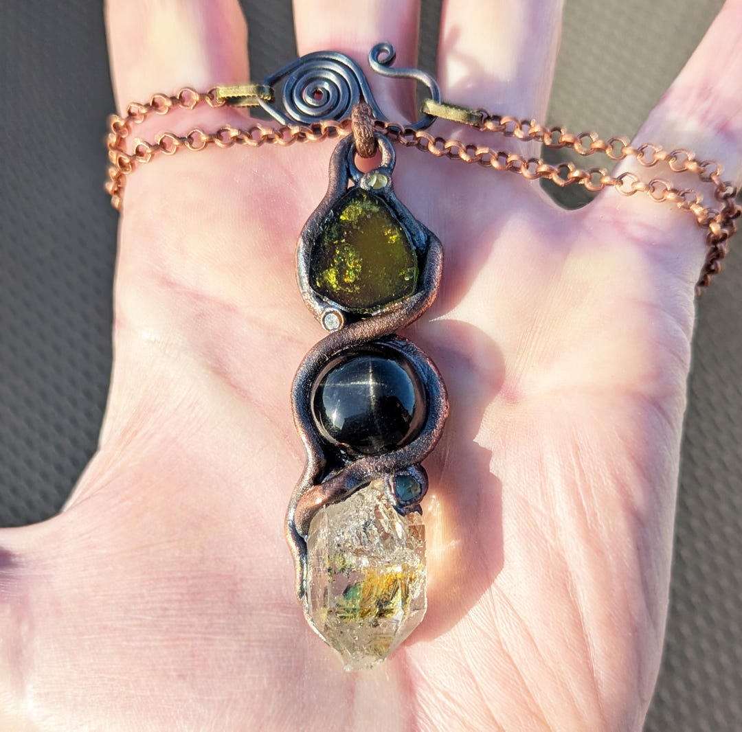 Kundalini Mata Shakti Amulet With Golden Enhydro Diamond Quartz, Black ...