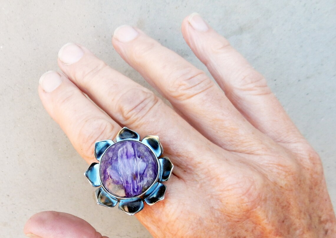 Lotus Flower Bliss Ring With Charoite, Adjustable, Mixed Metal ...