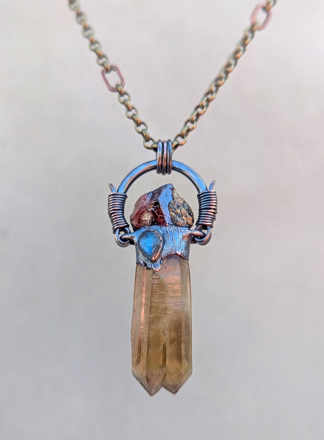 Tribal Amulet With Twin Soul Smoky Citrine Wand, Fire Red Zircon ...