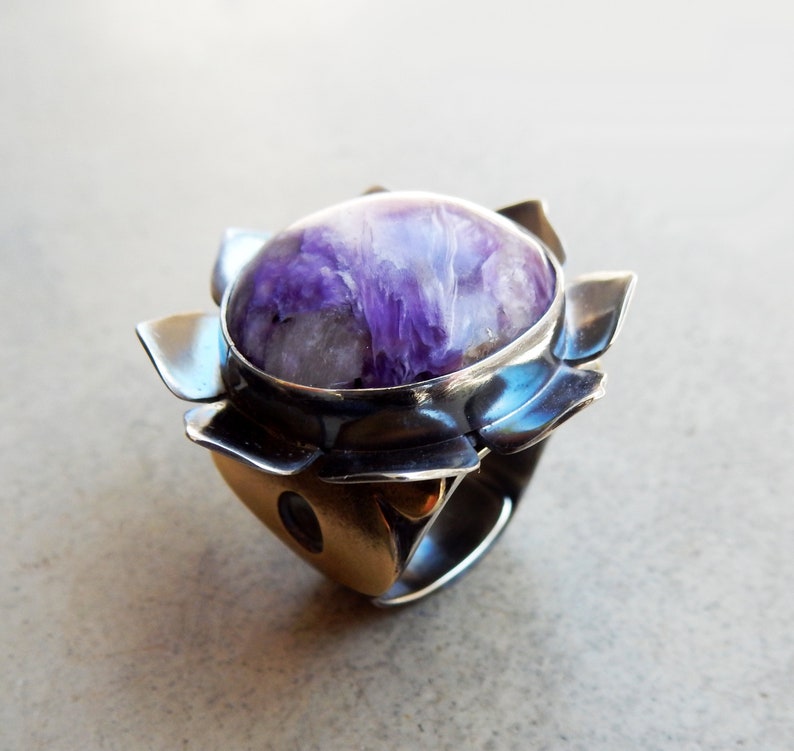 Lotus Flower Bliss Ring With Charoite, Adjustable, Mixed Metal ...