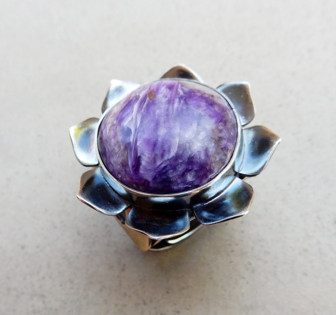 Lotus Flower Bliss Ring With Charoite, Adjustable, Mixed Metal ...