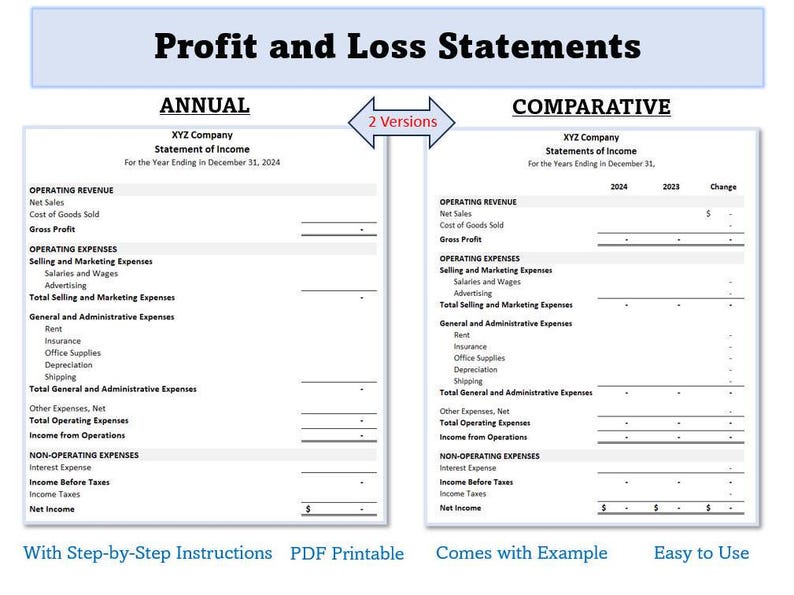 Comparative Profit and Loss Templates Financial Statement Spreadsheet ...