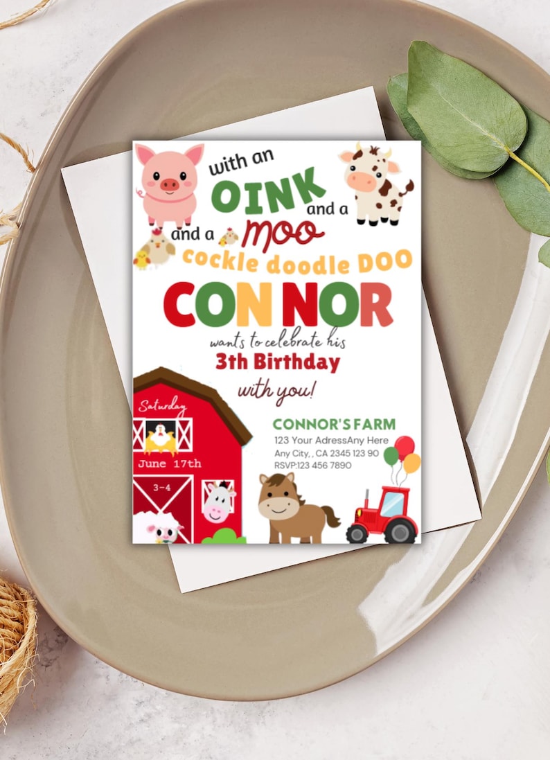 Editable Farm Birthday Invitation: Farm Animals Invite Canva Template ...