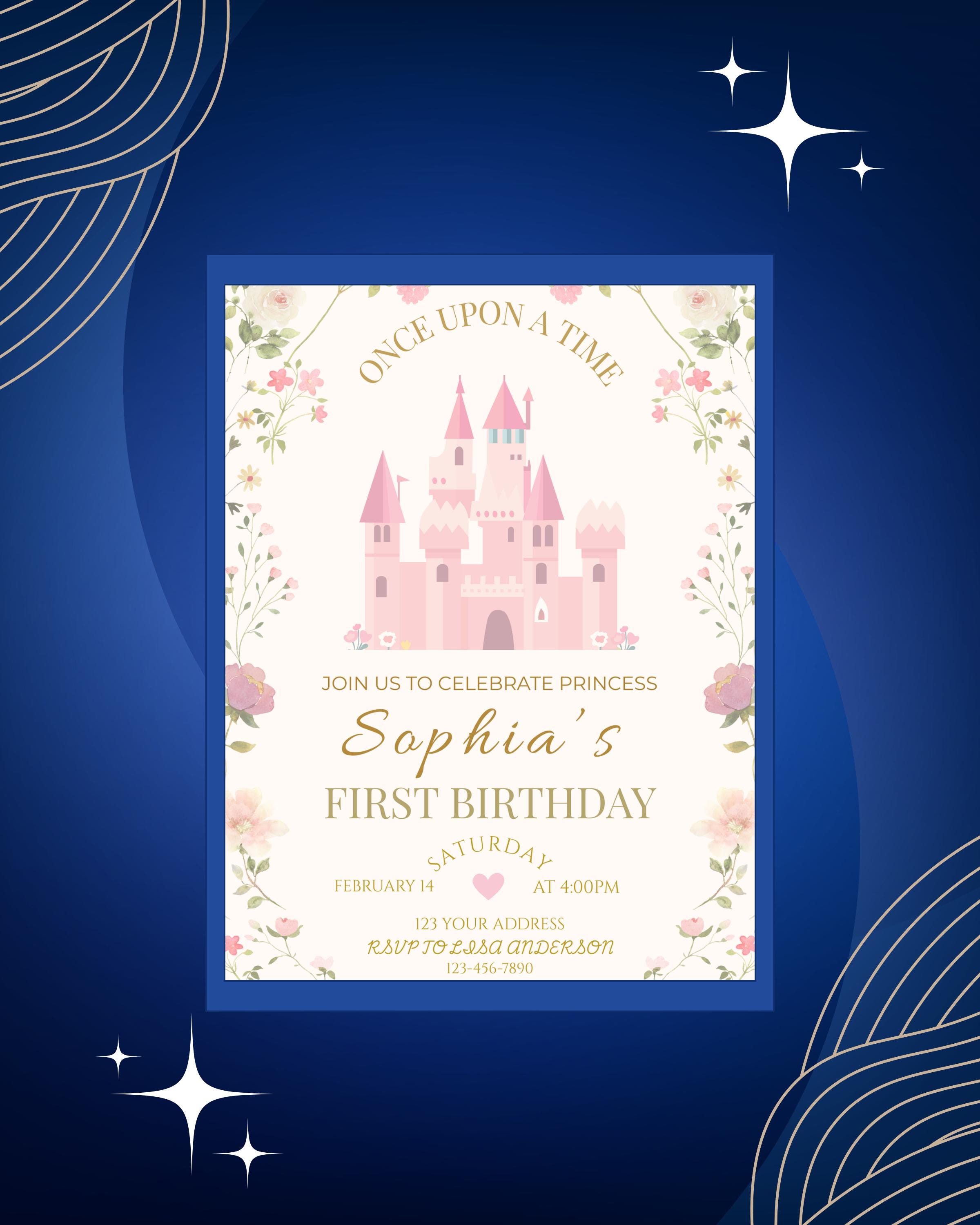 Once Upon A Time Princess Castle Birthday Invite: 1st Birthday Girl ...