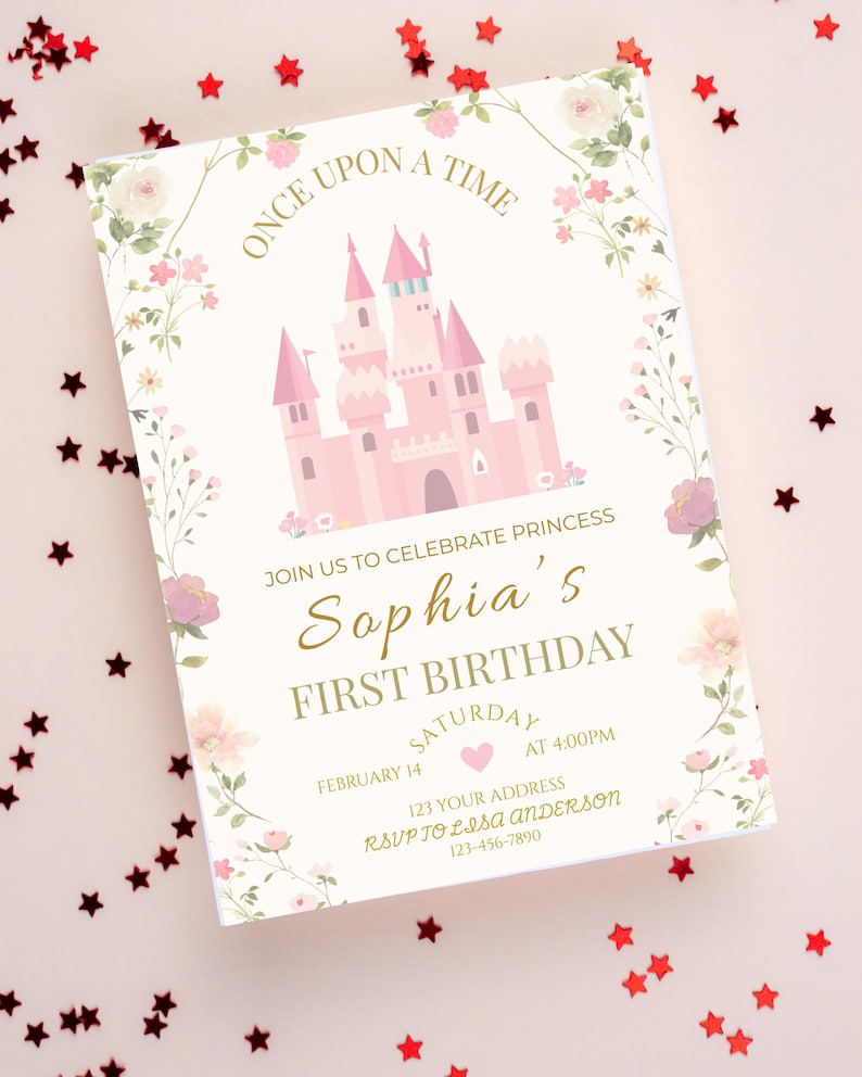 Once Upon A Time Princess Castle Birthday Invite: 1st Birthday Girl ...