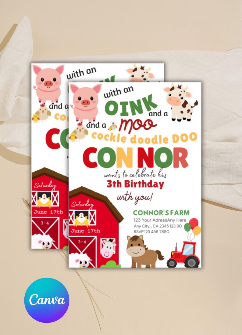 Editable Farm Birthday Invitation: Farm Animals Invite Canva Template ...