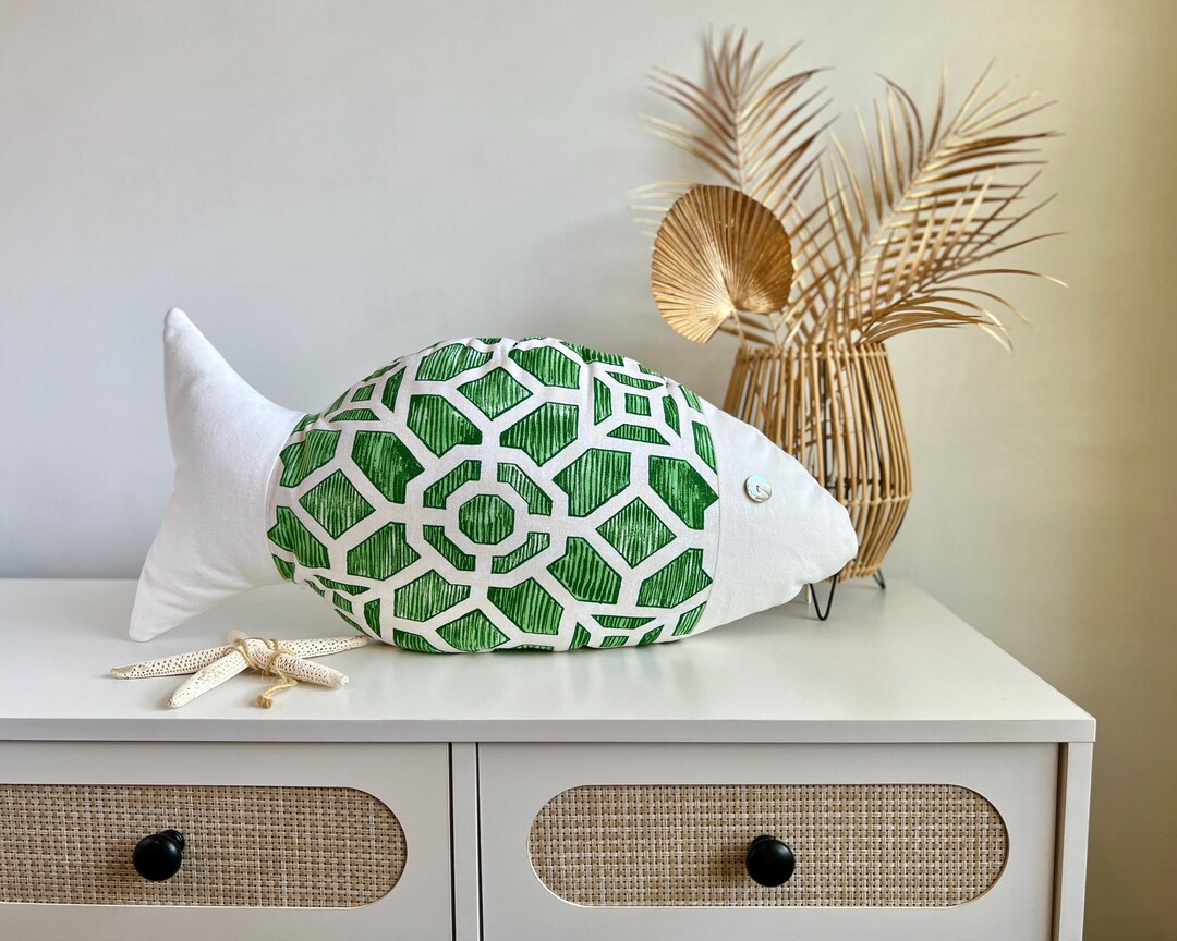 Cuddle Fish - Green Lattice Fish Shaped Pillow - Coastal Decor - Dorm ...