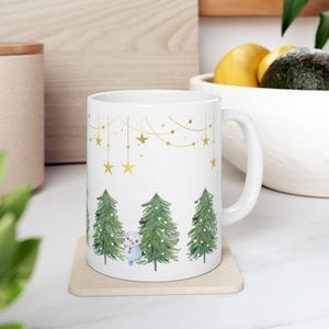 Winter Ceramic Mug, Snowmen and Christmas Trees Holiday Coffee Cup ...