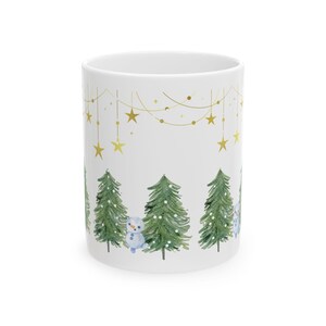 Winter Ceramic Mug, Snowmen and Christmas Trees Holiday Coffee Cup ...