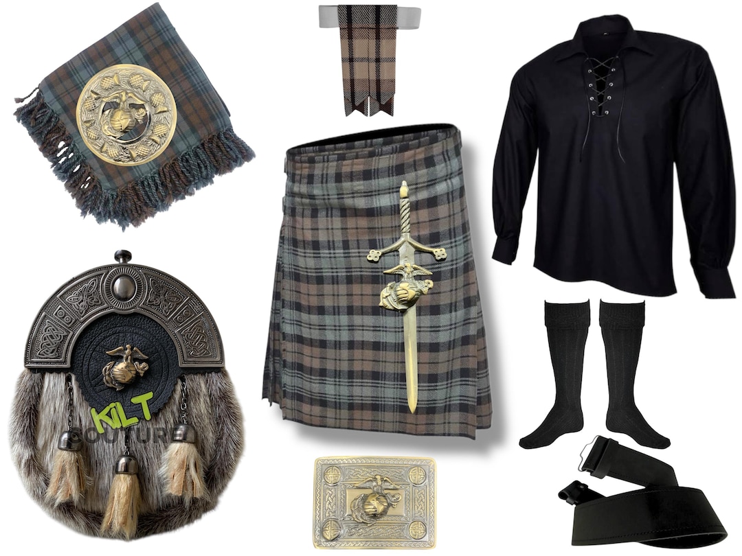 Men's Antique US Marine Kilt Set 10 Pieces Scottish Wedding Tartan Kilt ...