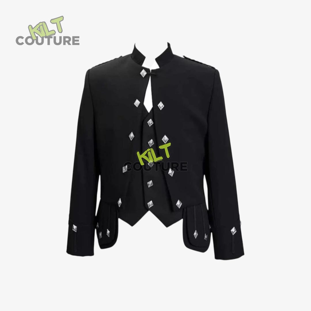 Scottish Men's Sheriff Muir Doublet Kilt Jacket Vest - Black Wool ...