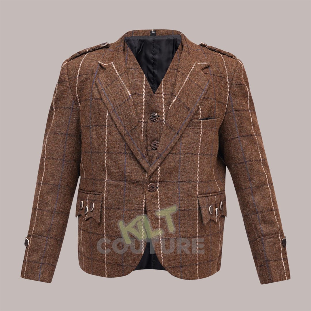 Scottish Men's Brown Tweed Kilt Jacket Vest Highland Argyle Kilt Jacket ...