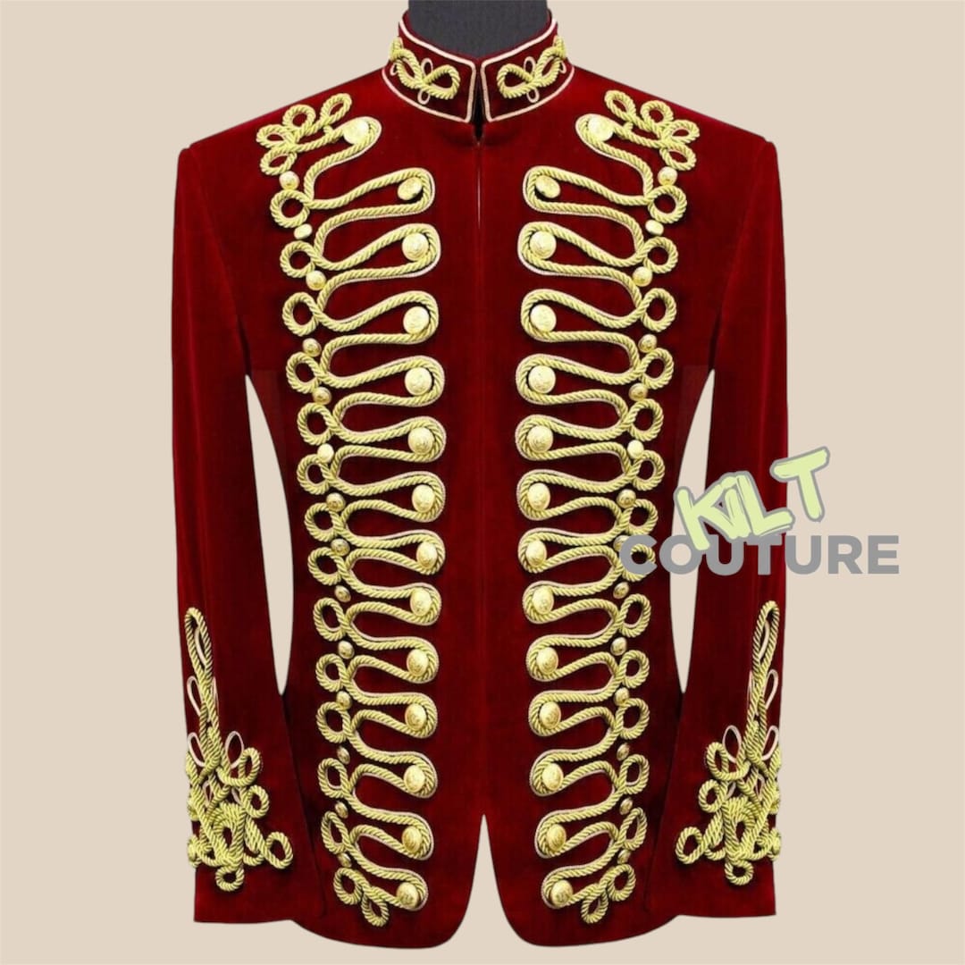 DJ Singer Red Velvet Jacket Stylish Braided Hussar Jacket Military ...