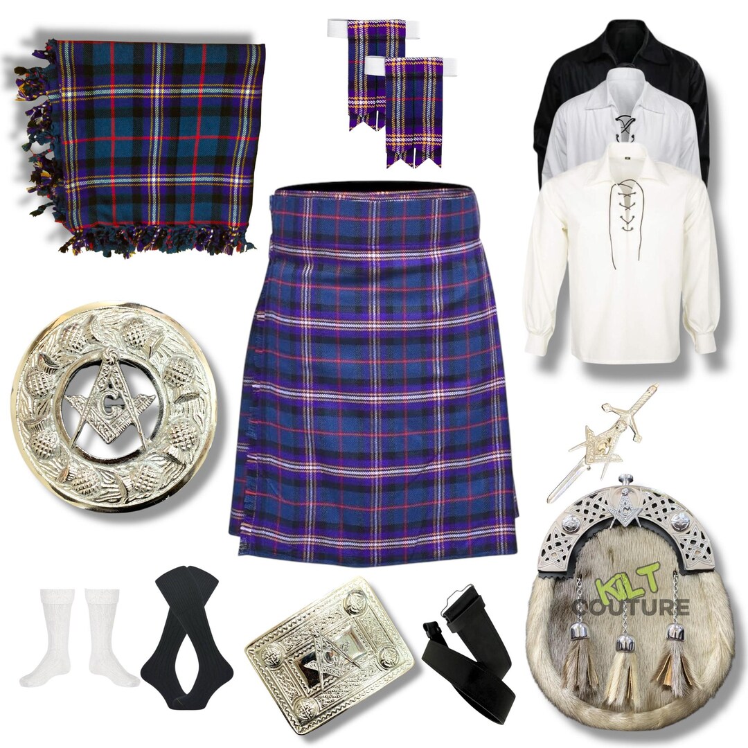Men's Masonic 10 Pieces Kilt Set Traditional Scottish Masonic Tartan ...