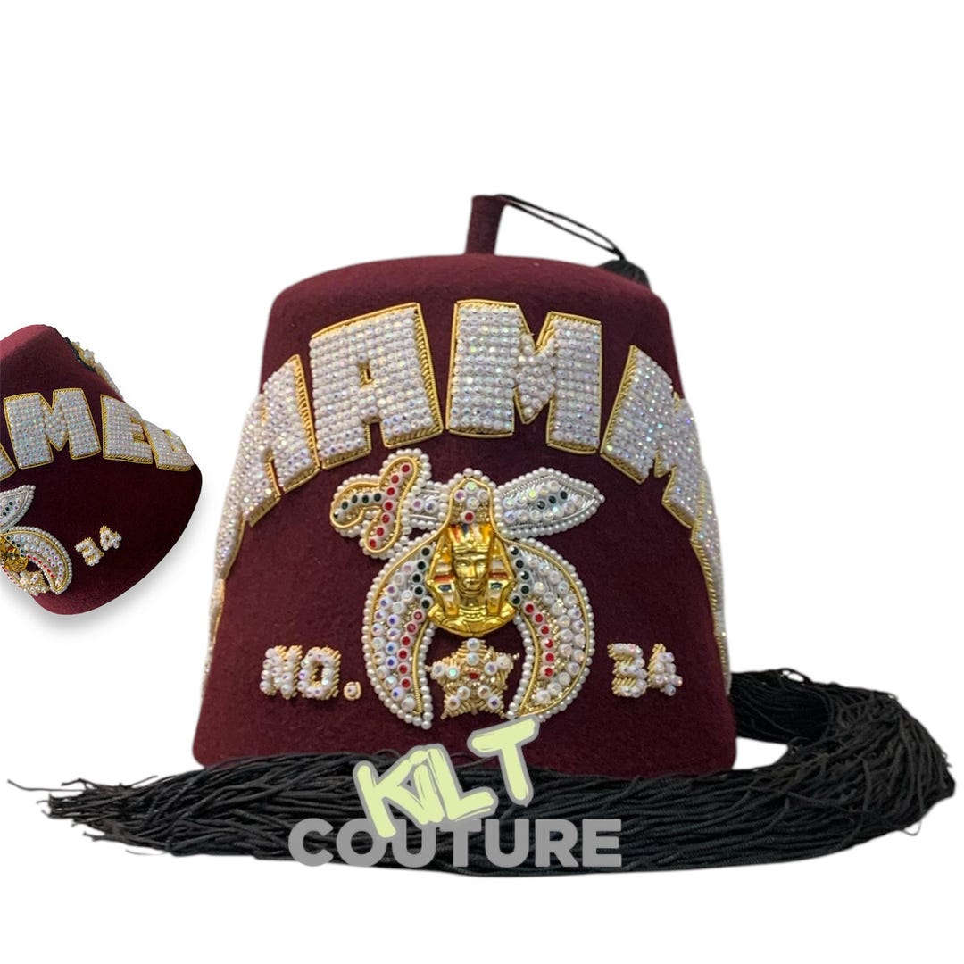 Shriner Fez Hat Masonic Shriner's Wool Fez Rhinestones Embroidered ...