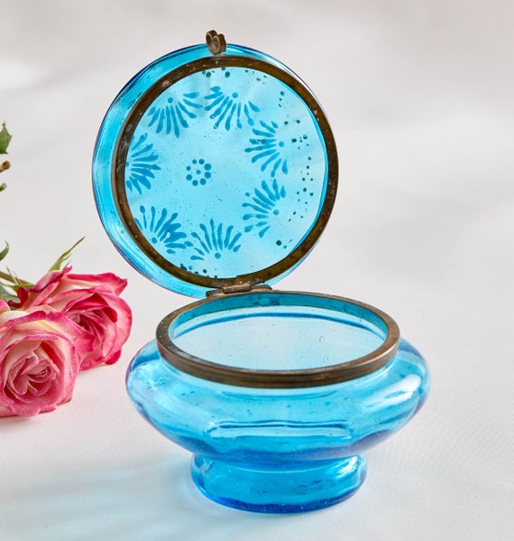 Antique Hand Painted Blue Patch Box - Gem