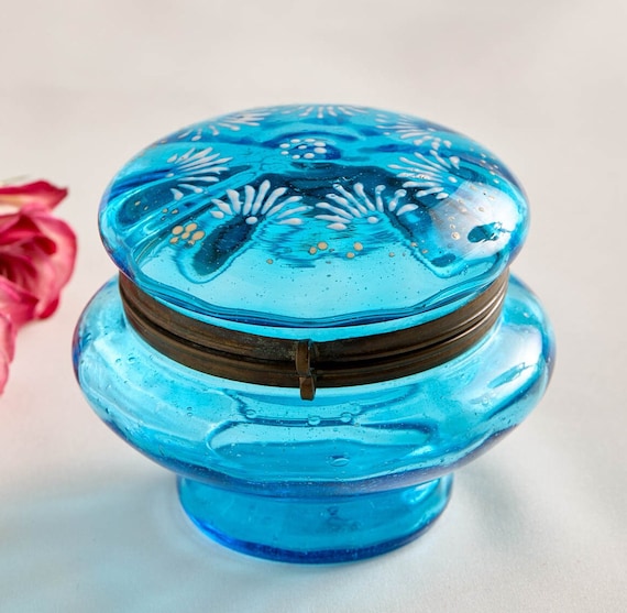 Antique Hand Painted Blue Patch Box - Gem