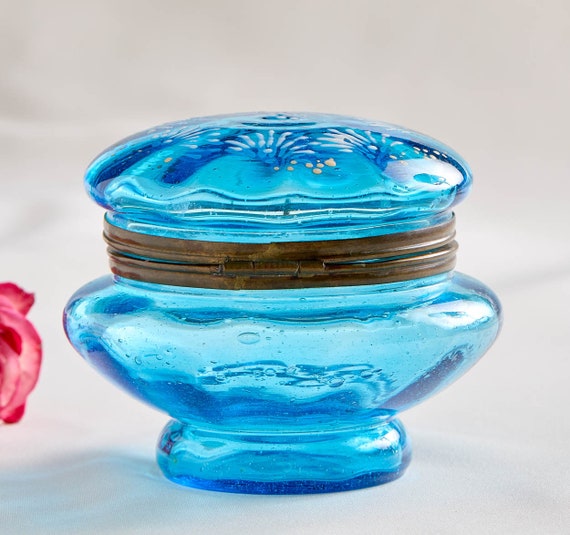 Antique Hand Painted Blue Patch Box - Gem