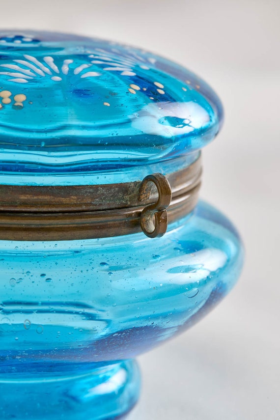 Antique Hand Painted Blue Patch Box - Gem