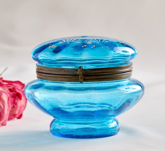 Antique Hand Painted Blue Patch Box - Gem