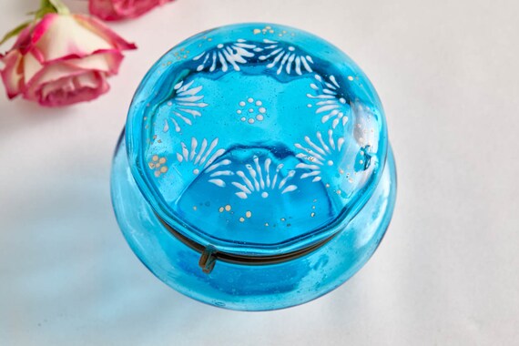 Antique Hand Painted Blue Patch Box - Gem