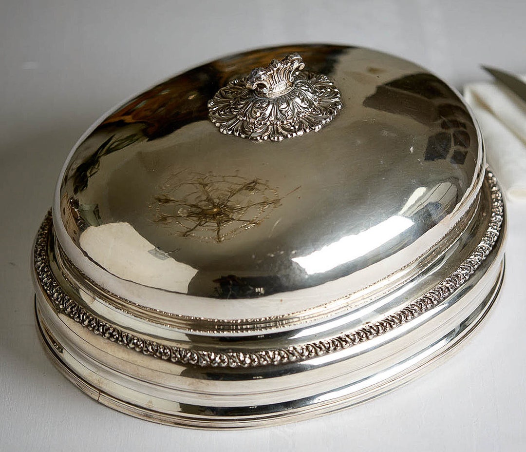 Large 16 Victorian Silverplate Repousse Food Cover With Fleur De Lis ...