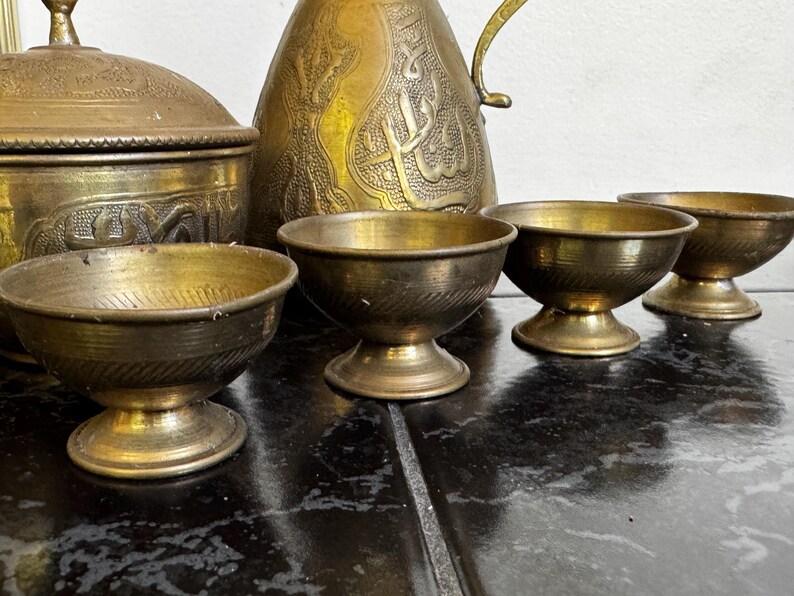 Vintage Etched Brass Arabic Tea Set – 8.5" Dallah Style Pot, Sugar Bowl ...